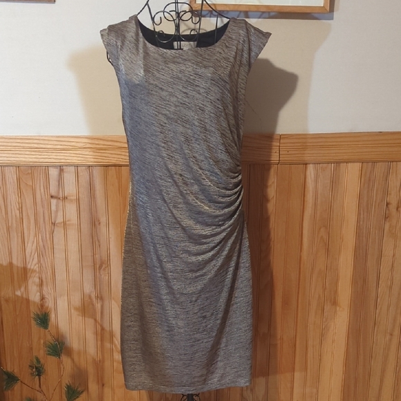 LOFT | Dresses | Loft Midi Sheath Ruched Dress Gold Black Shimmer ...